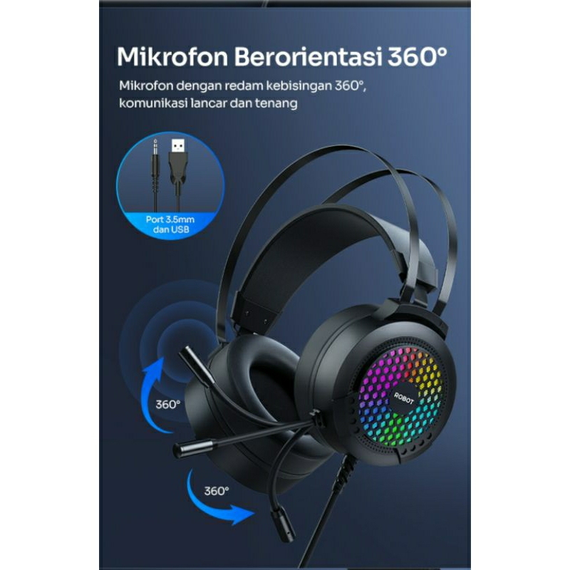 Jual ROBOT RH-G30 Headphone Gaming wired Headset RGB Light Effect Black ...
