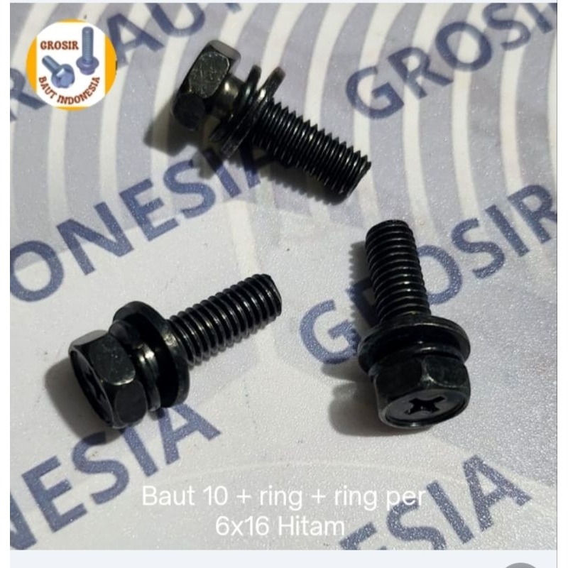 Jual Baut 10 + ring + ring per 6x16 Hitam Kepala obeng + (10 baut ...