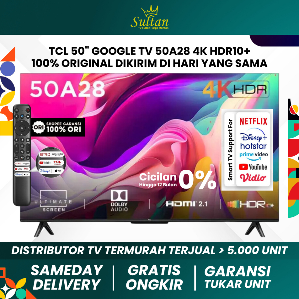 Jual TCL 50A28 4K GOOGLE TV 50 INCH SMART LED TV DOLBY AUDIO HDR10+ 100 ...