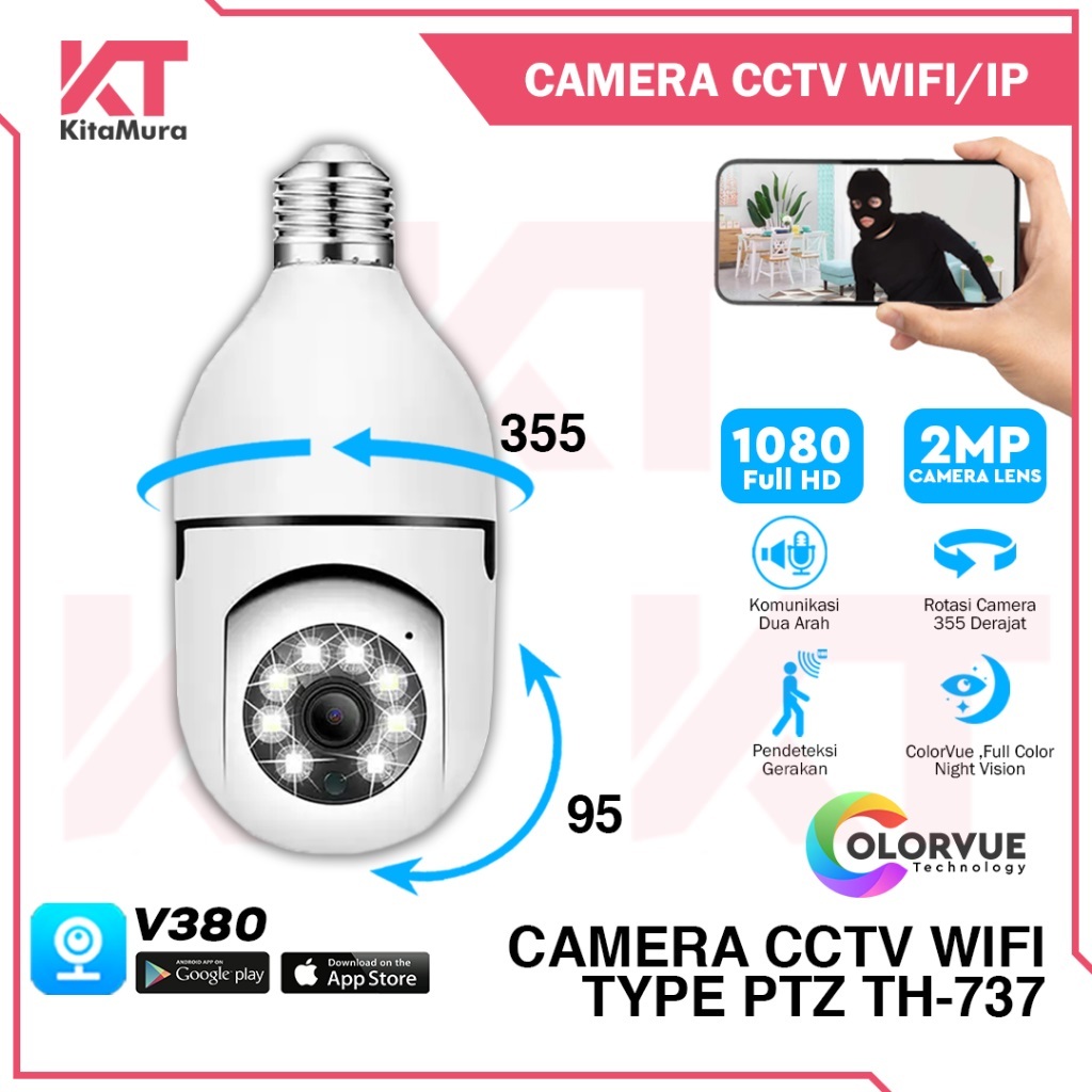 Jual Camera CCTV IP Wifi PTZ Bohlam 2MP 1080 Full HD, Full Color 24 Jam, App V380. CCTV IP Semi ...