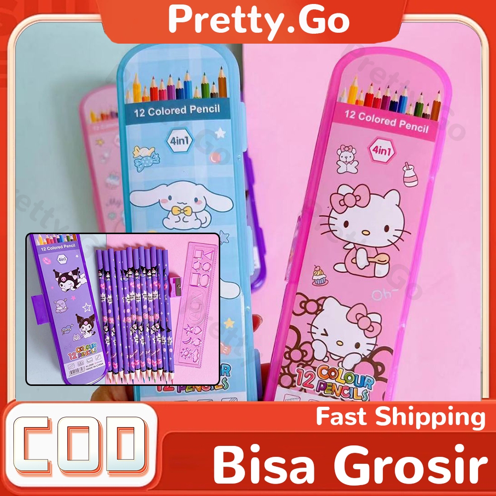 Jual 12Pcs Pensil Warna 4 in 1 Motif Sanrio Kuromi/Cinnamoroll/Melody ...
