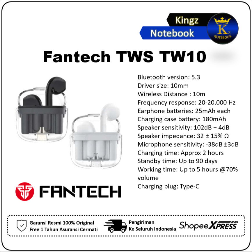 Jual Fantech TWS Bluetooth Wireless Wave 10 TW10 Built-in Microphone ...