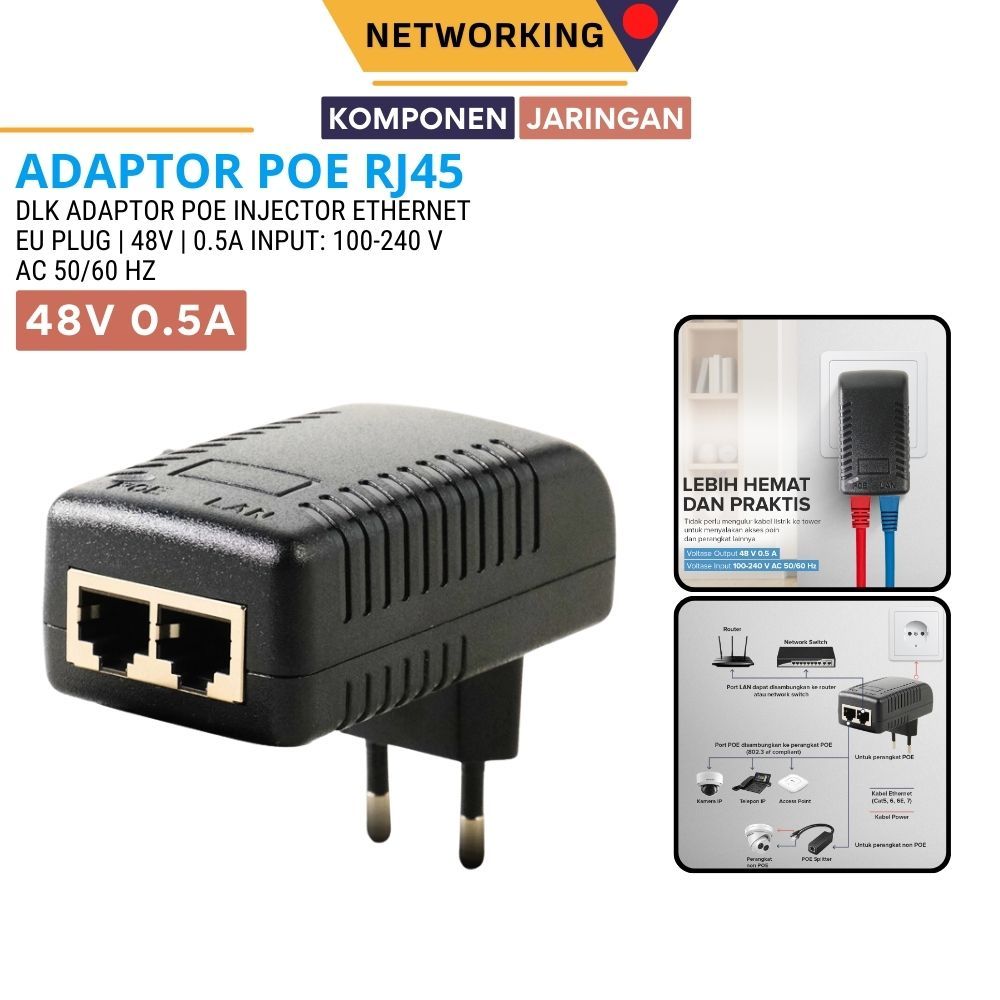 Jual Power Adaptor POE Injector Ethernet RJ45 EU Plug 48V 0.5A/POE Adaptor DC 48V - 0.5A POE ...