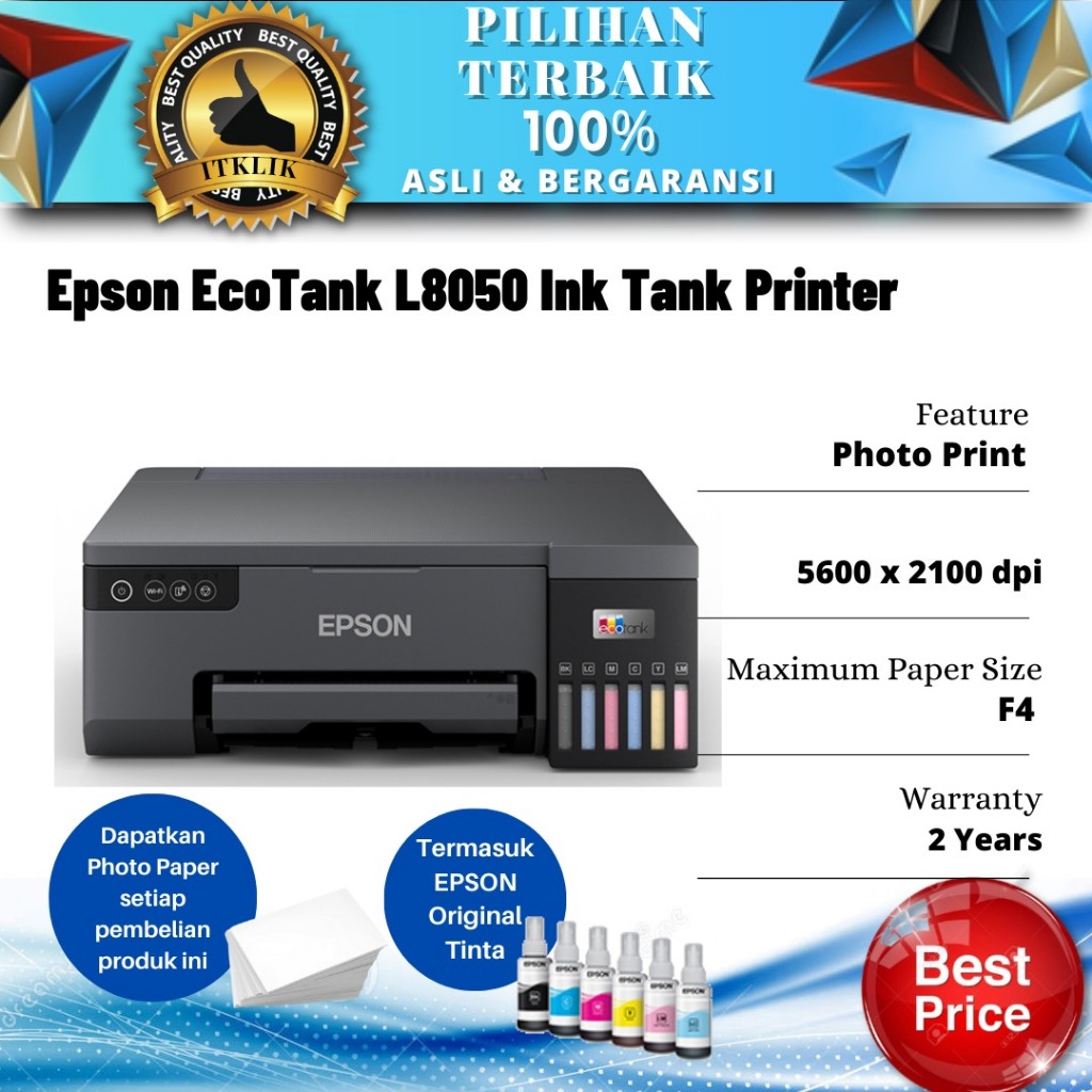 Jual Printer Epson L8050 (Pengganti L805) Wireless A4 photo printing, PVC ID card, CD/DVD ...