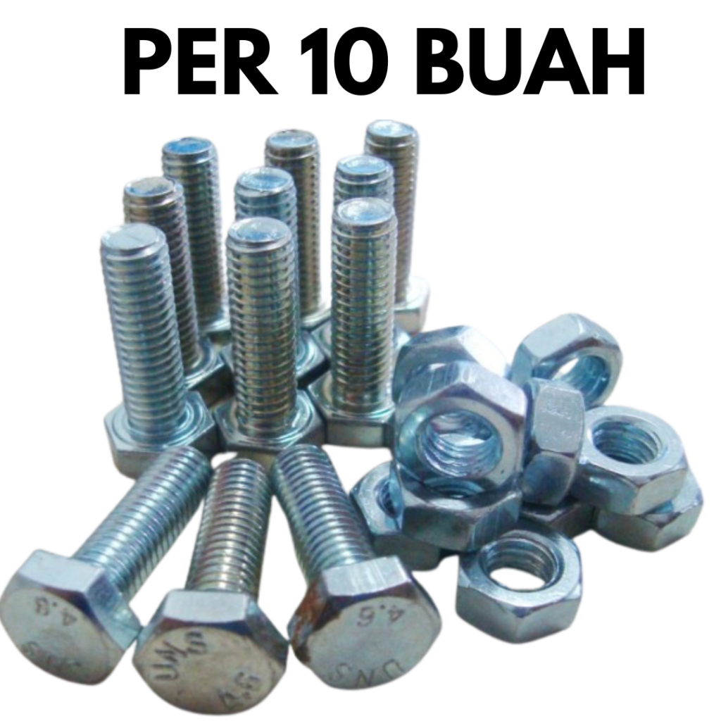 Jual Per 10 buah Baut Mur Galvanis m 10 x 20 mm Kunci 17 Hex Bolt Nut ...