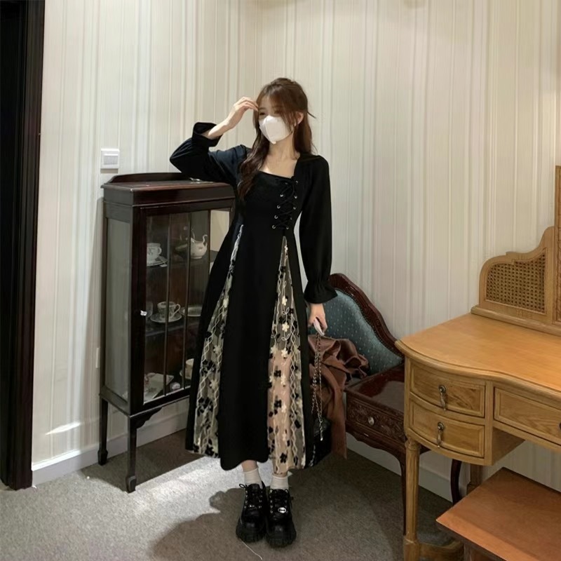 Jual First Girl- Long Dress Retro Elegant Squer Neck French Black Dress ...