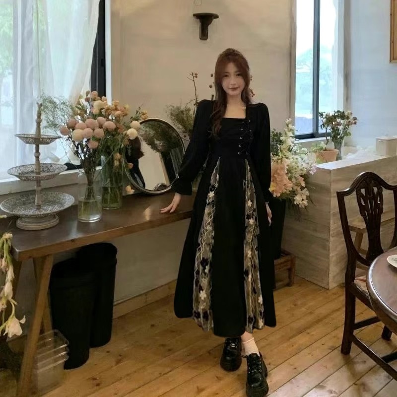 Jual Long Dress Mesh Retro Women Summer Black Floral Dress maxi dress ...