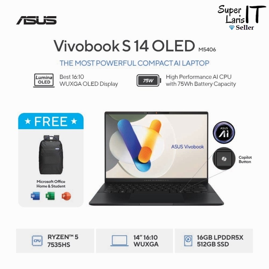 Jual ASUS Vivobook S 14 OLED M5406NA-OLED552 Ryzen 5 R5 7535HS ram 16GB ssd 512GB 14" WUXGA W11 ...