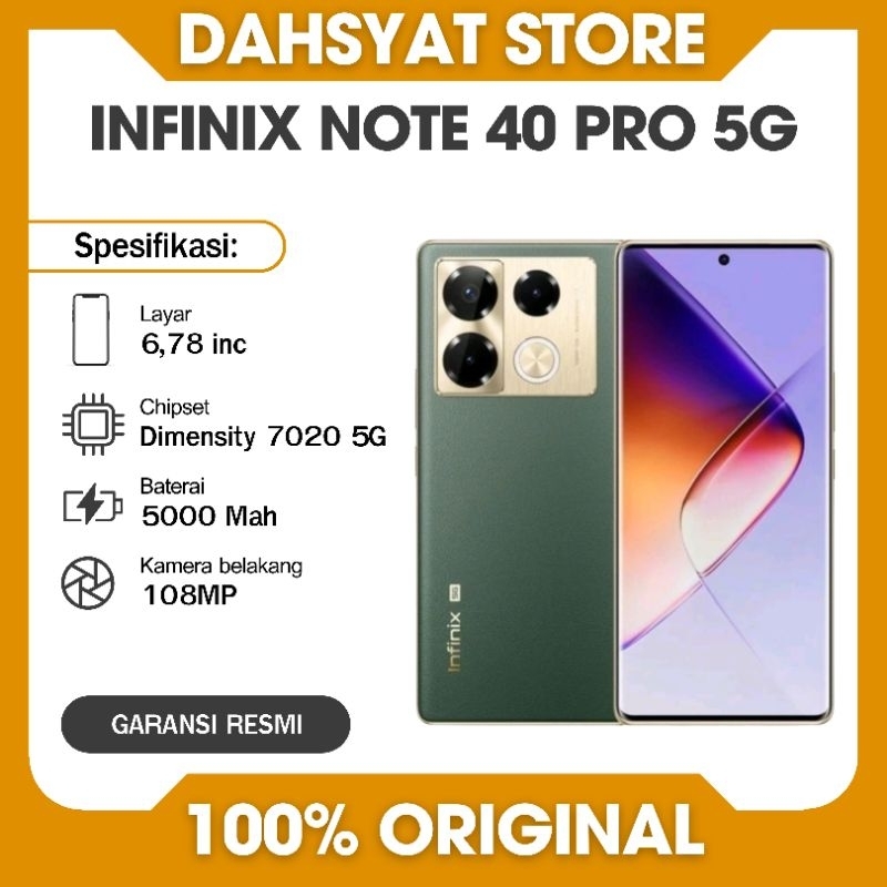 Jual Infinix Note 40 Pro 5G 8+8/256GB Chipset Dimensity 7020 5G 108MP Super Zoom Camera Baterai ...
