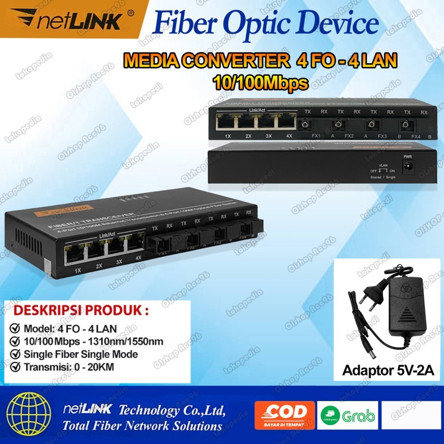 Jual Media Converter Fiber Optic 4 FO to 4 LAN 10/100 Netlink | Shopee ...