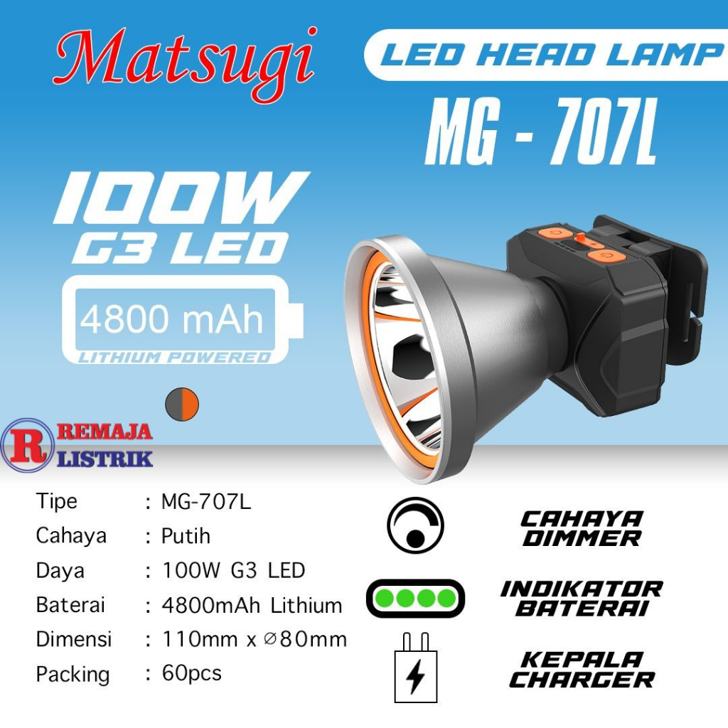 Jual Senter Kepala Led Zoom Super Terang HeadLamp Matsugi MG - 707L 100 Watt Body Besi | Shopee ...