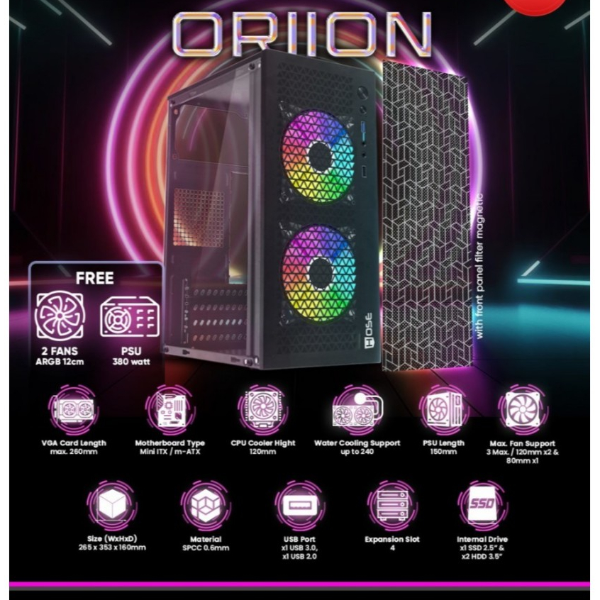 Jual Casing PC Gaming Hose Orion Black Free 2Fan RGB Include PSU ...