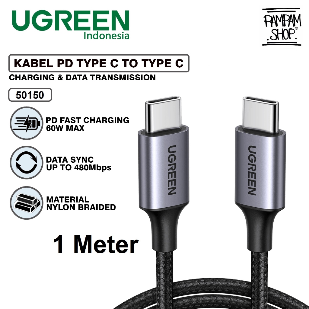 Jual UGREEN Kabel Data 50150 Nylon Braided TYPE C to TYPE C 60W 3A 1M 1 Meter Super Fast ...