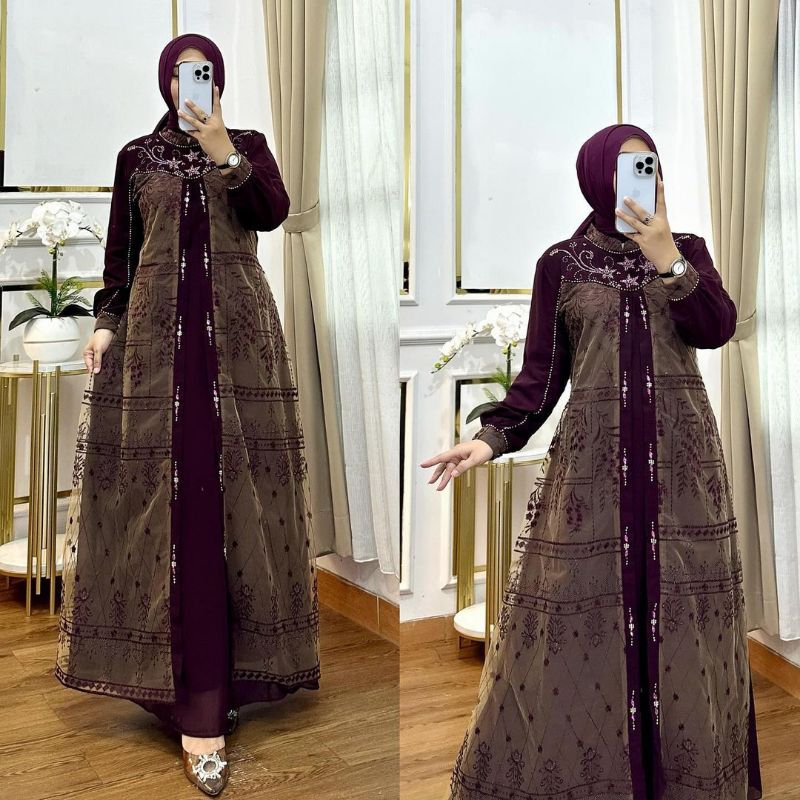 Jual Gamis Brokat Alawiyah Dress Kondangan Mewah Bahan Ceruty 2 Layer Elegan Burgundy | Shopee ...