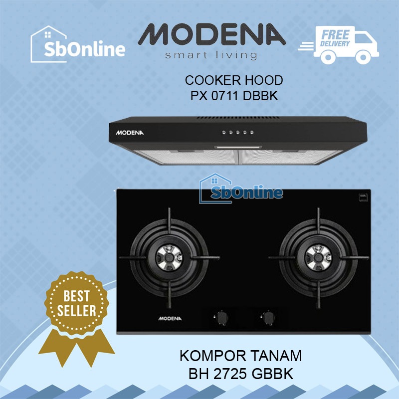 Jual PAKET KOMPOR MODENA BH 2725 GBBK + COOKER HOOD PX 0711 dbbk ...