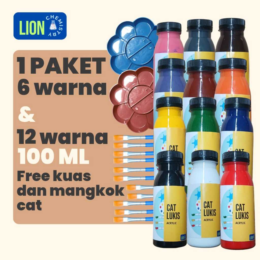 Jual PAKET ISI 6 WARNA DAN 12 WARNA CAT LUKIS 100 ML FREE KUAS LUKIS ...