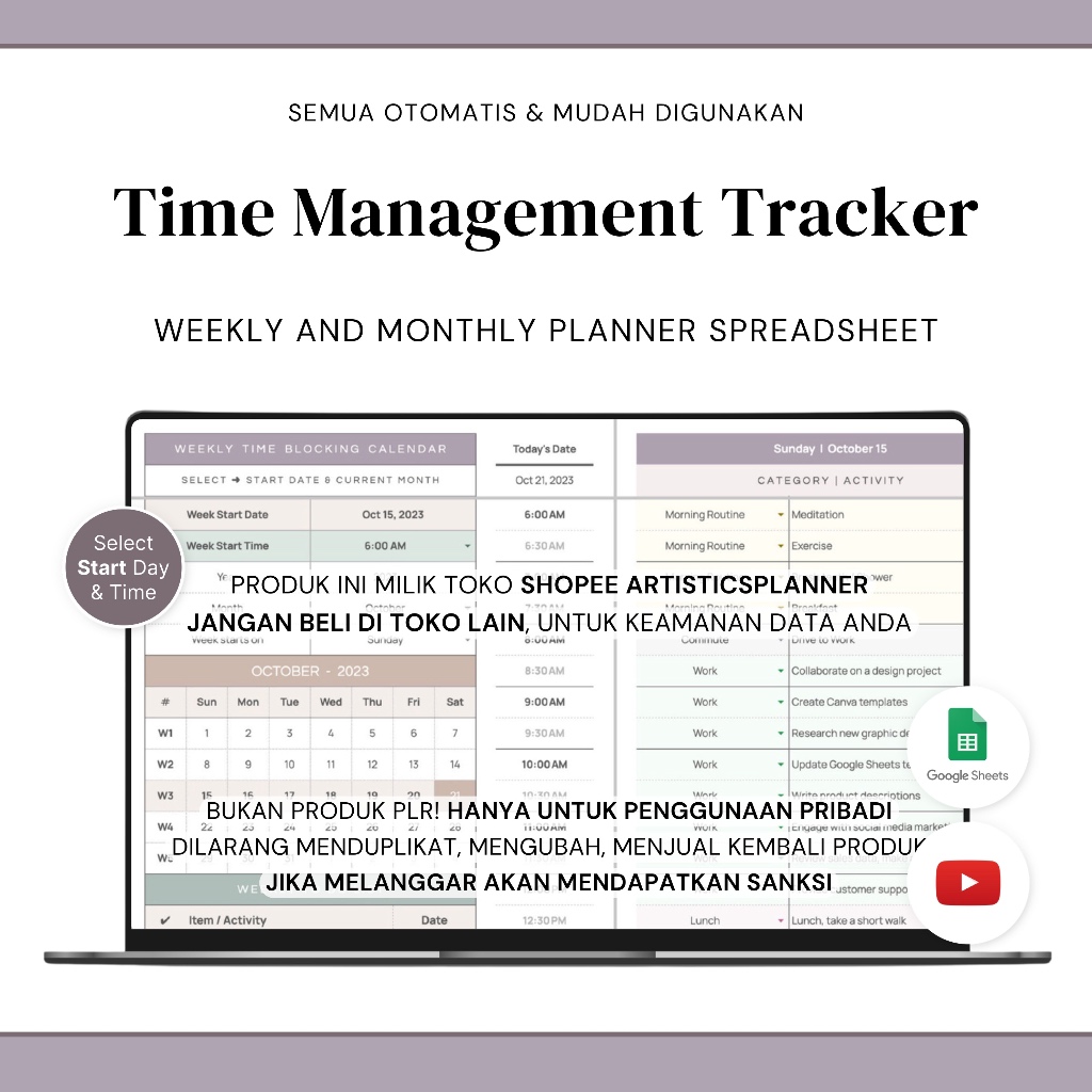 Jual Time Management Tracker Spreadsheet | Jadwal Produktivitas Harian ...