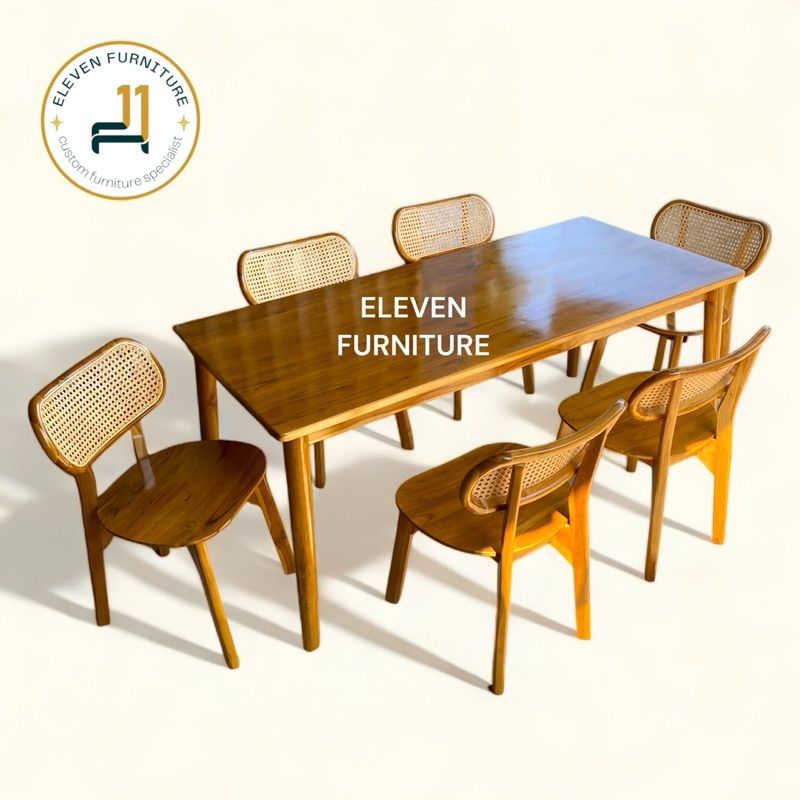 Jual SET MEJA MAKAN 6 KURSI KACANG ROTAN KAFE CAFE minimalis retro natural klasik modern model ...