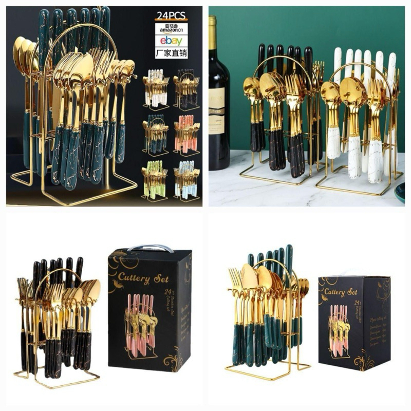 Jual Set Sendok Sultan Makan Set Isi 24 Set Gold Marble Sendok Makan ...