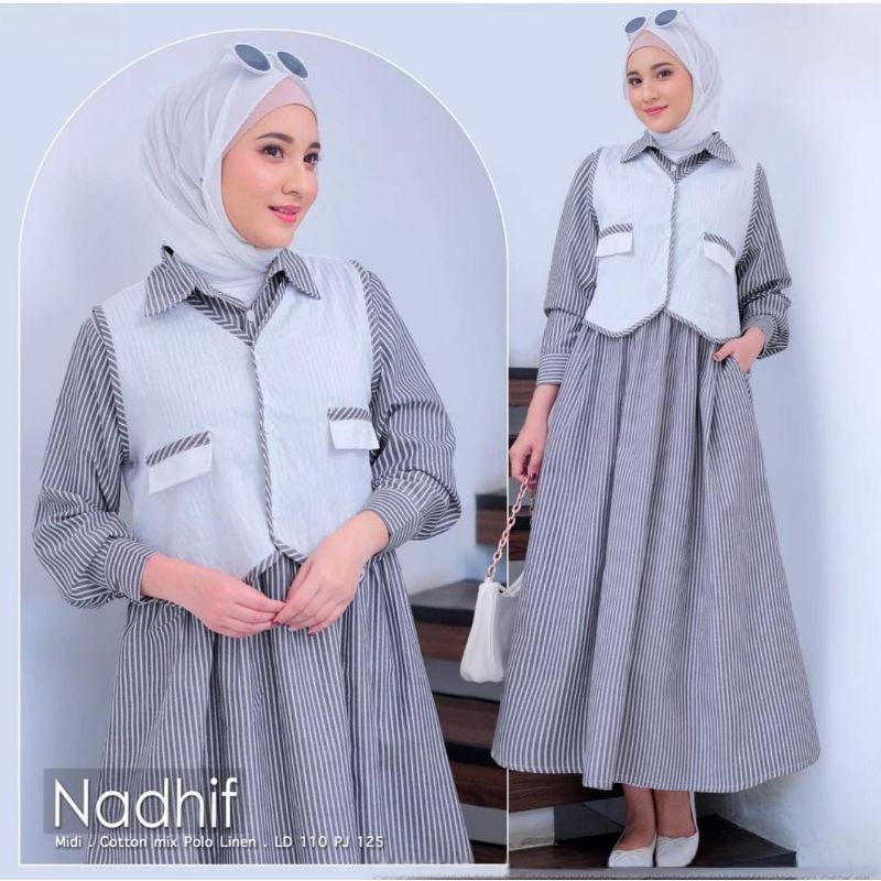 Jual Qayra Fashion ~ Nadhif Midi Dres Cantik Kekinian Outfit Mewah Trendy Viral Mix Auter Bahan ...