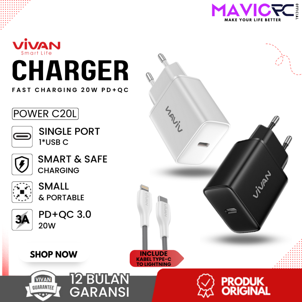 Jual VIVAN Power C20L Charger PD USB-C 20W With Kabel Cable Data Type-C ...