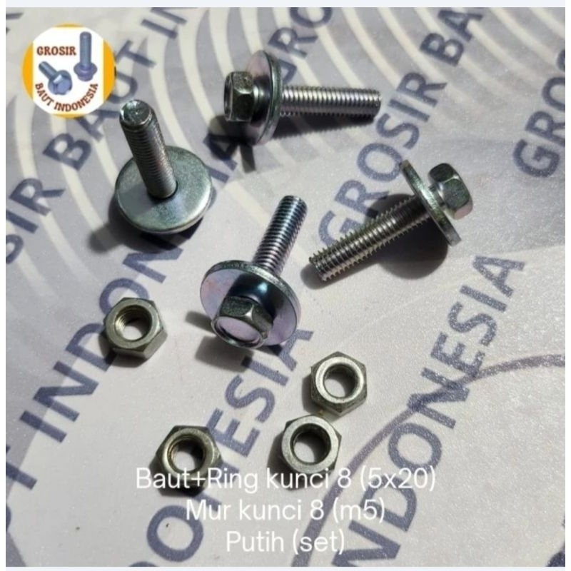 Jual Baut + Ring kunci 8 (5x20) Set dengan Mur 8 (M5) Putih ( paket 10set) | Shopee Indonesia