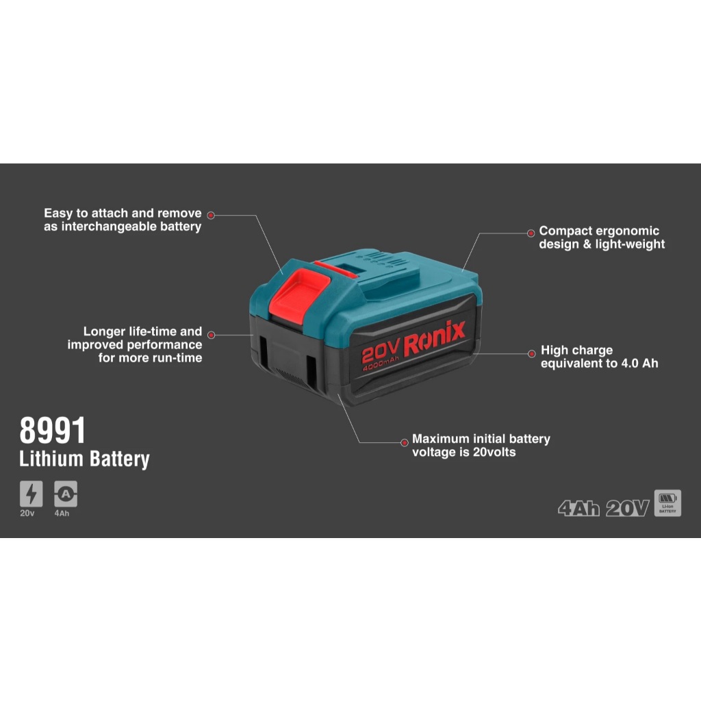 Jual Ronix Model 8991 89 series Tools Battery 20V 4A Rechargeable ...