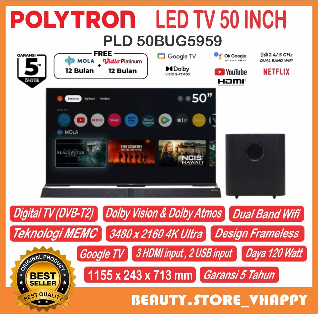 Jual LED TV Polytron 4K UHD Smart Cinemax Soundbar Google TV 50 Inch PLD 50BUG5959 | Shopee ...