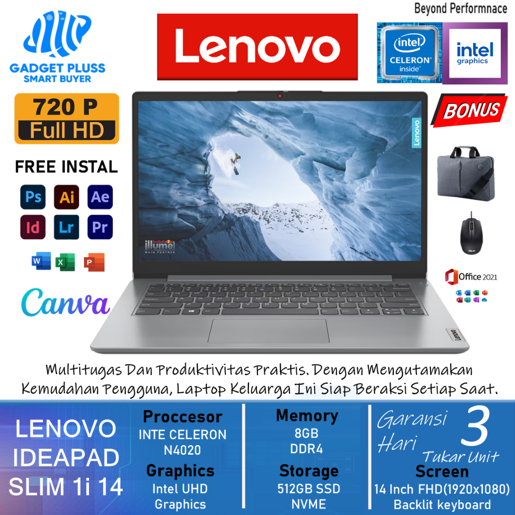 Jual Laptop Lenovo Ideapad Slim 1i 14 Intel N4020 8GB 512GB SSD 14 Inch ...
