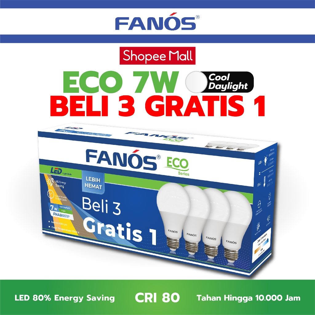 Jual Fanos EcoPack 7W Paket Murah [Beli 3 Gratis 1] Cahaya Putih Lampu LED Bohlam Bergaransi ...