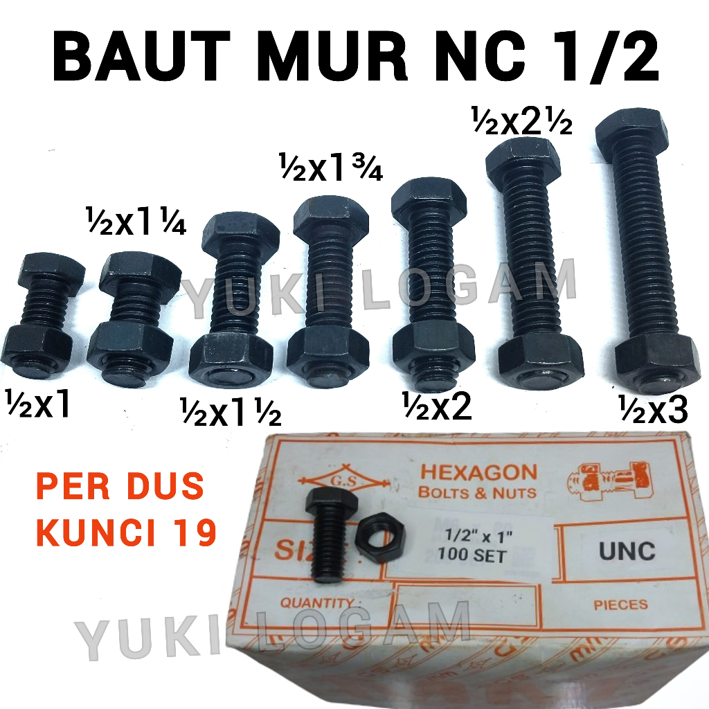 Jual 1 Dus baut mur NC / UNC 1/2 HEX hitam kunci 19 panjang 1 (2,5cm) inchi sampai 6 inchi (15 ...
