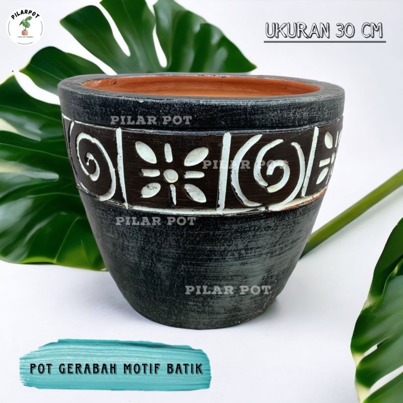 Jual POT BUNGA TANAMAN GERABAH TANAH LIAT MOTIF BATIK HITAM D30 T25 ...