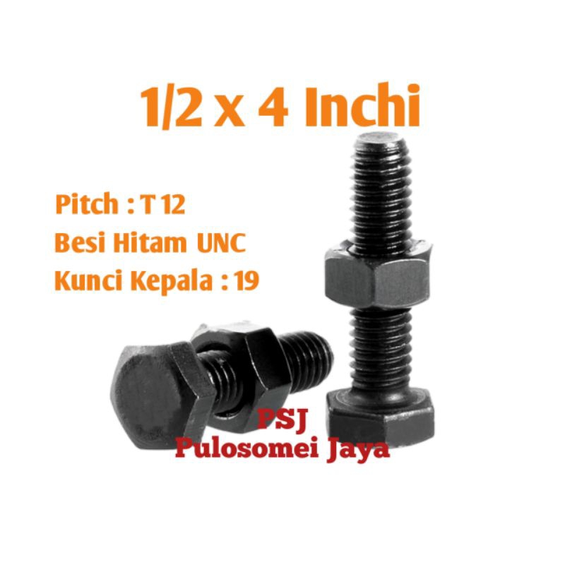Jual Baut Mur Besi Hitam 1/2 x 4 UNC / Hexagon Bolt UNC Hitam | Shopee Indonesia