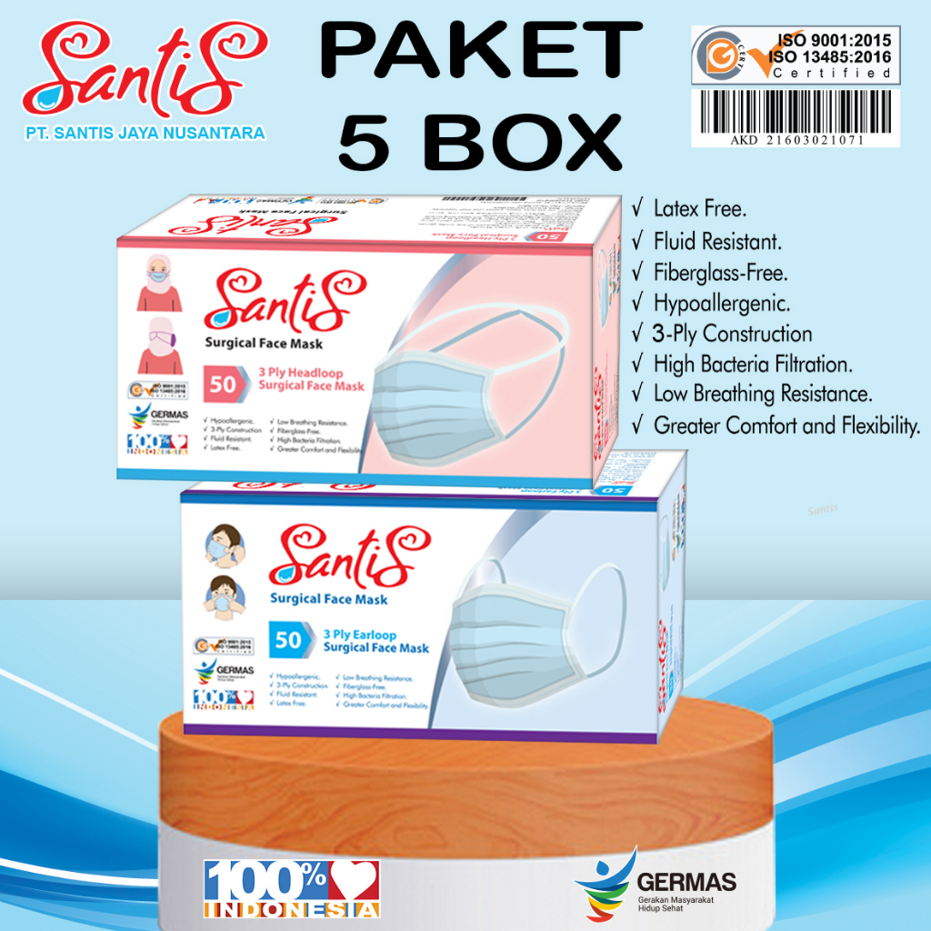 Jual PAKET 5 BOX Masker medis Santis 3ply Earloop dan headloop | Shopee ...