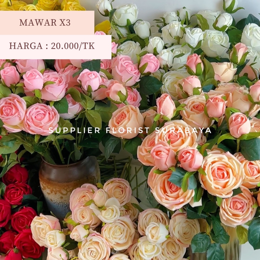 Jual [3 KEPALA] MAWAR X3 1 TANGKAI BERCABANG 3, 2 MEKAR 1 KUNCUP ...