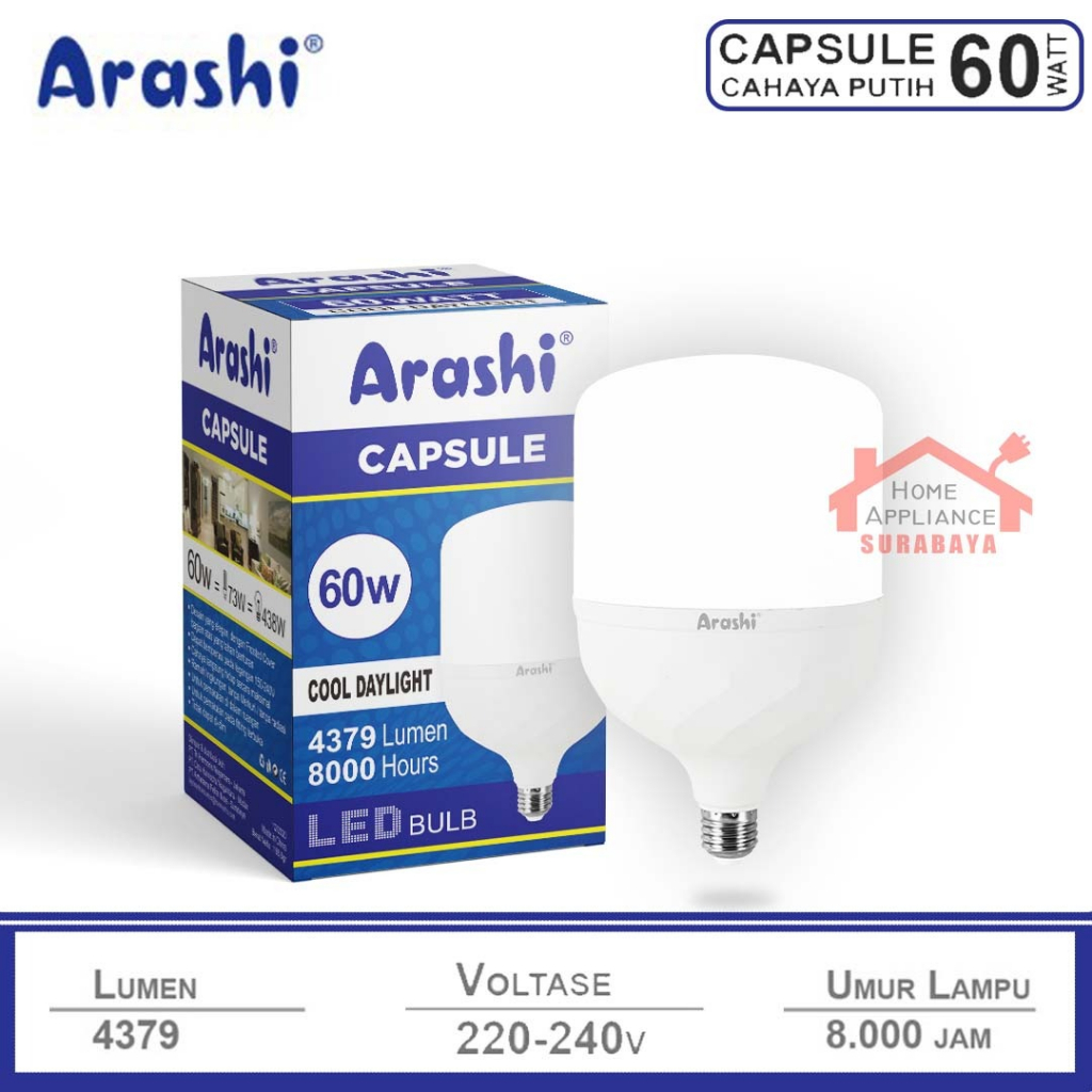 Jual ARASHI Lampu LED Capsule 60W 60 Watt Cahaya Putih 6500K | Shopee Indonesia