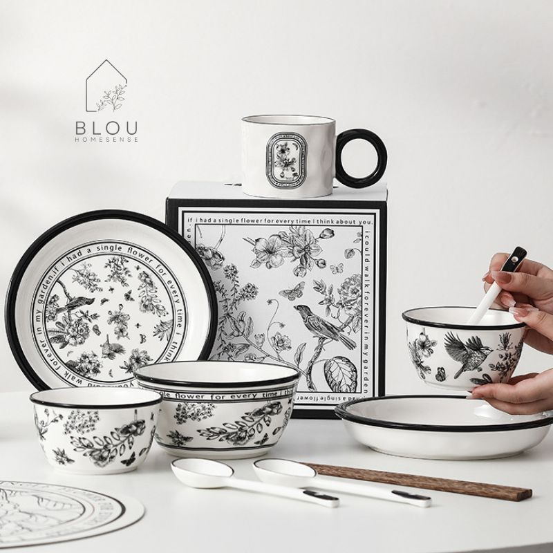 Jual Set Piring Keramik Mewah Cantik Gift Set Bunga Monochrome Hitam ...