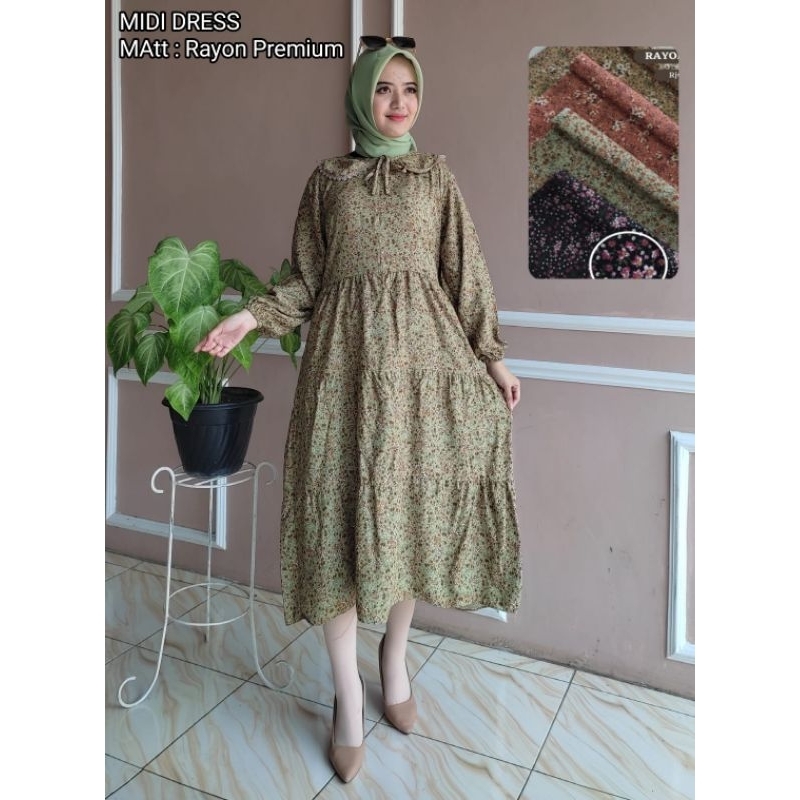 Jual Midi dress Mini dress rayon diamond premium bunga viral terusan tunik nyaman busui friendly ...