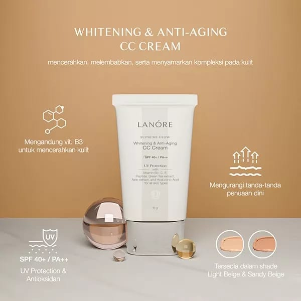 Jual Lanore Whitening and Anti aging CC cream SPF 40+ PA++ Light Beige ...