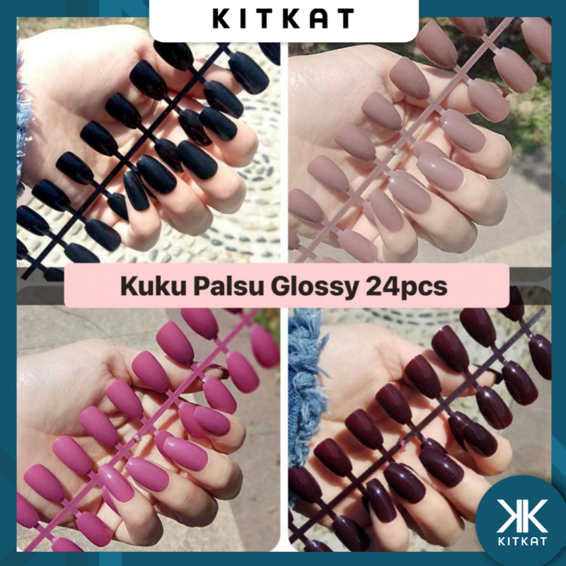 Jual KKT 24pcs Kuku Palsu Glossy Free Lem Cair Kuku Palsu Polos Panjang ...
