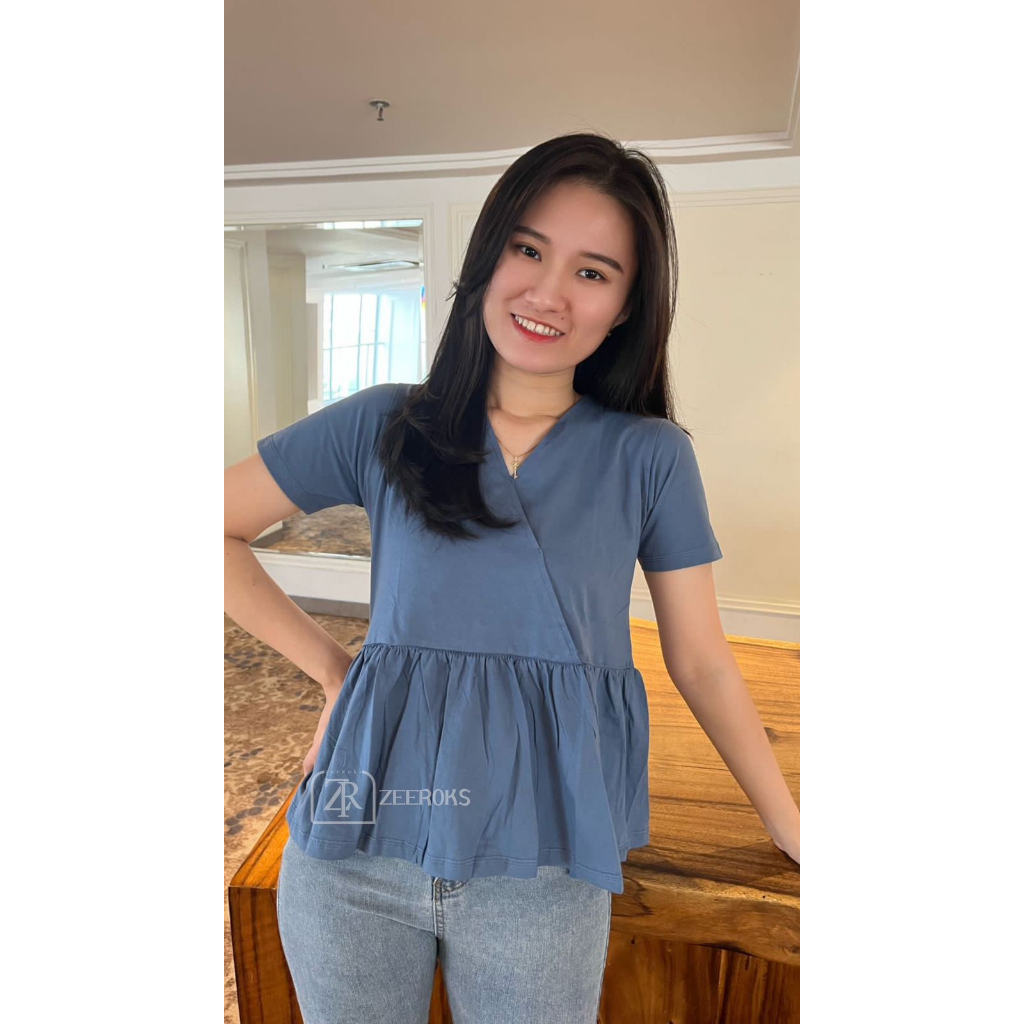 Jual Kaos Polos Blouse Peplum Wanita Tangan Pendek Rumbai Bahan Premium ...