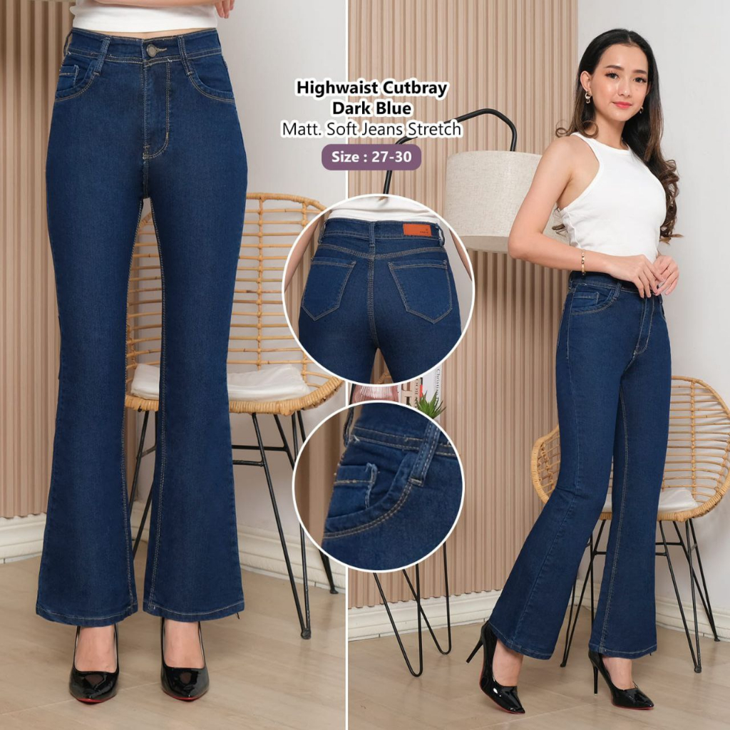 Jual Celana Jeans Highwaist Cutbray Wanita Streath Premium | Shopee Indonesia
