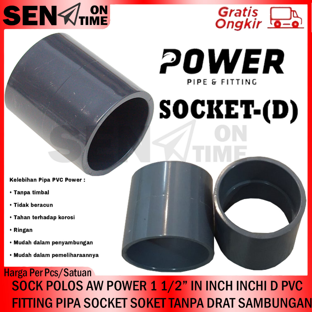 Jual SOK POLOS POWER 1 1/2 INCH D PVC FITTING PIPA SOCKET SOKET TANPA ...