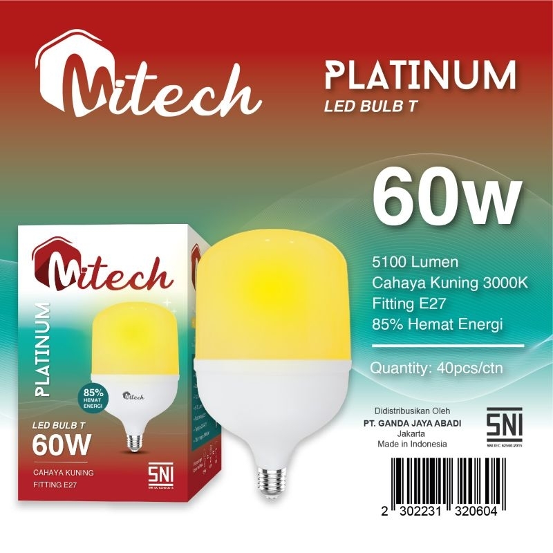 Jual Lampu Led Jumbo Mitech Platinum 60 Watt Garansi 1 Tahun Cahaya Putih Dan Cahaya Kuning ...