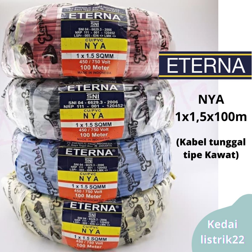 Jual KABEL LISTRIK INSTALASI ETERNA NYA 1X1,5 100 METER ISI 1/ TUNGGAL KAWAT | Shopee Indonesia