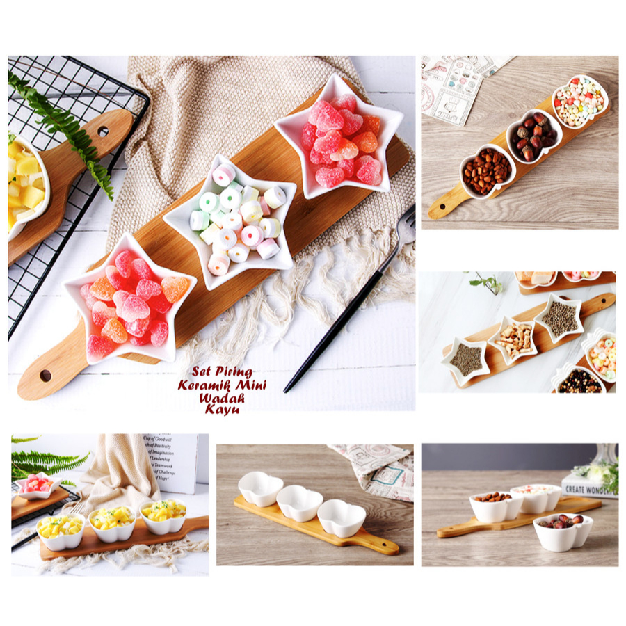 Jual SET Piring Keramik Mini Dengan WADAH KAYU isi 3 piring 1 wadah ...