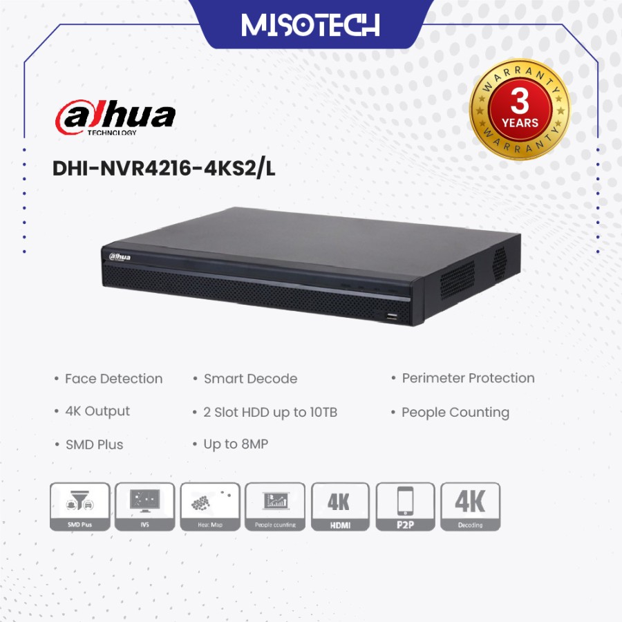 Jual NVR 16 Channel Dahua DHI-NVR4216-4KS2/L 4K Non-PoE 2 SATA IP ...