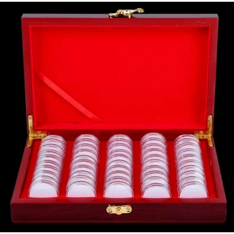 Jual Box Kayu Merah 50 Kapsul Koin Bulat 30 mm Busa 255 x 165 x 50 mm ...