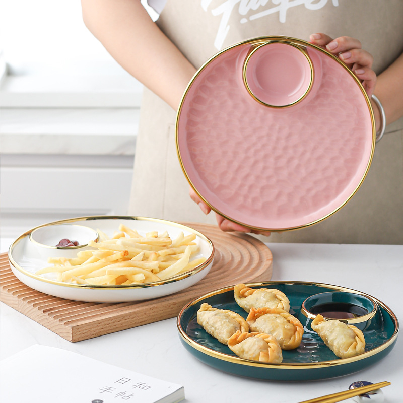 Jual ASHOME piring keramik snack bulat sekat saos elegant mewah list ...