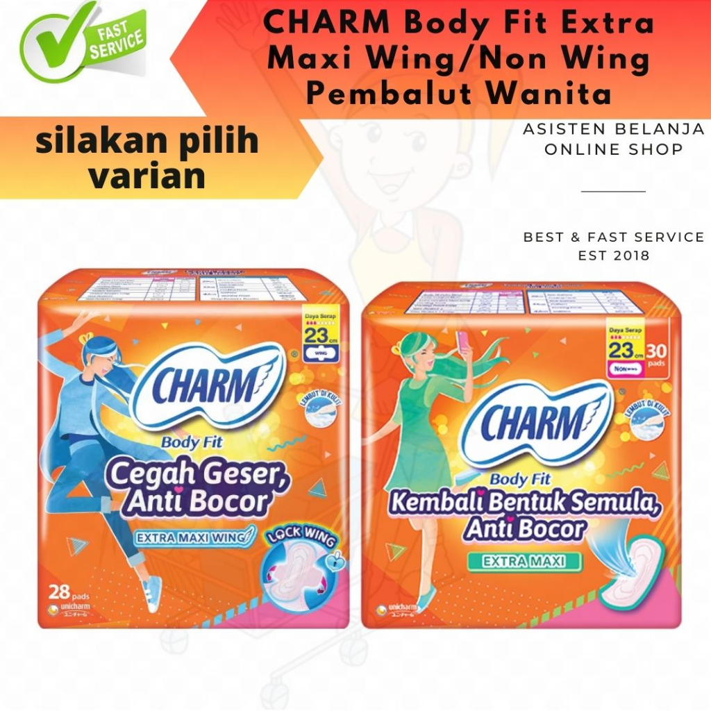 Jual CHARM Body Fit Extra Maxi 23cm 23 cm Wing / Non Wing isi 30 Pads Pad Pembalut Wanita ...